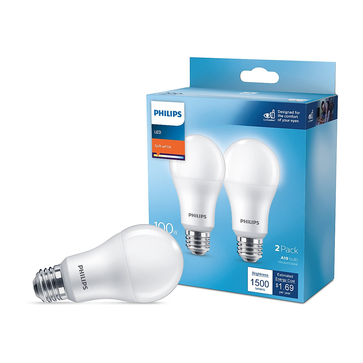 PHILIPS LED Basic Frosted Non-Dimmable A19 Light Bulb - EyeComfort Technology - 1500 Lumen - Soft White (2700K) - 14W=100W - E26 Base - Title 20 Certified - Indoor - 4-Pack
