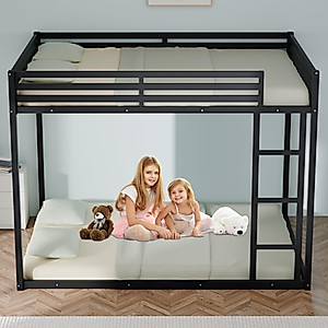 iRoll Full Over Full Bunk Bed, Metal Bunk Bed with Built-in Ladder and Full-Length Guardrail, Low Floor Bunk Beds for Boys Girls & Adults, Noise Free, No Boxing Spring Needed, Space Saving, Black