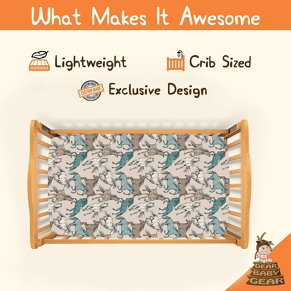 Dear Baby Gear Deluxe Crib Sheet Cotton Polyester Crib Sheets, Soft Machine-Washable Crib Mattress Sheet, Baby Bed Sheets - Tan Teal and Cream Horses on Natural Print, 52"x28"x10"