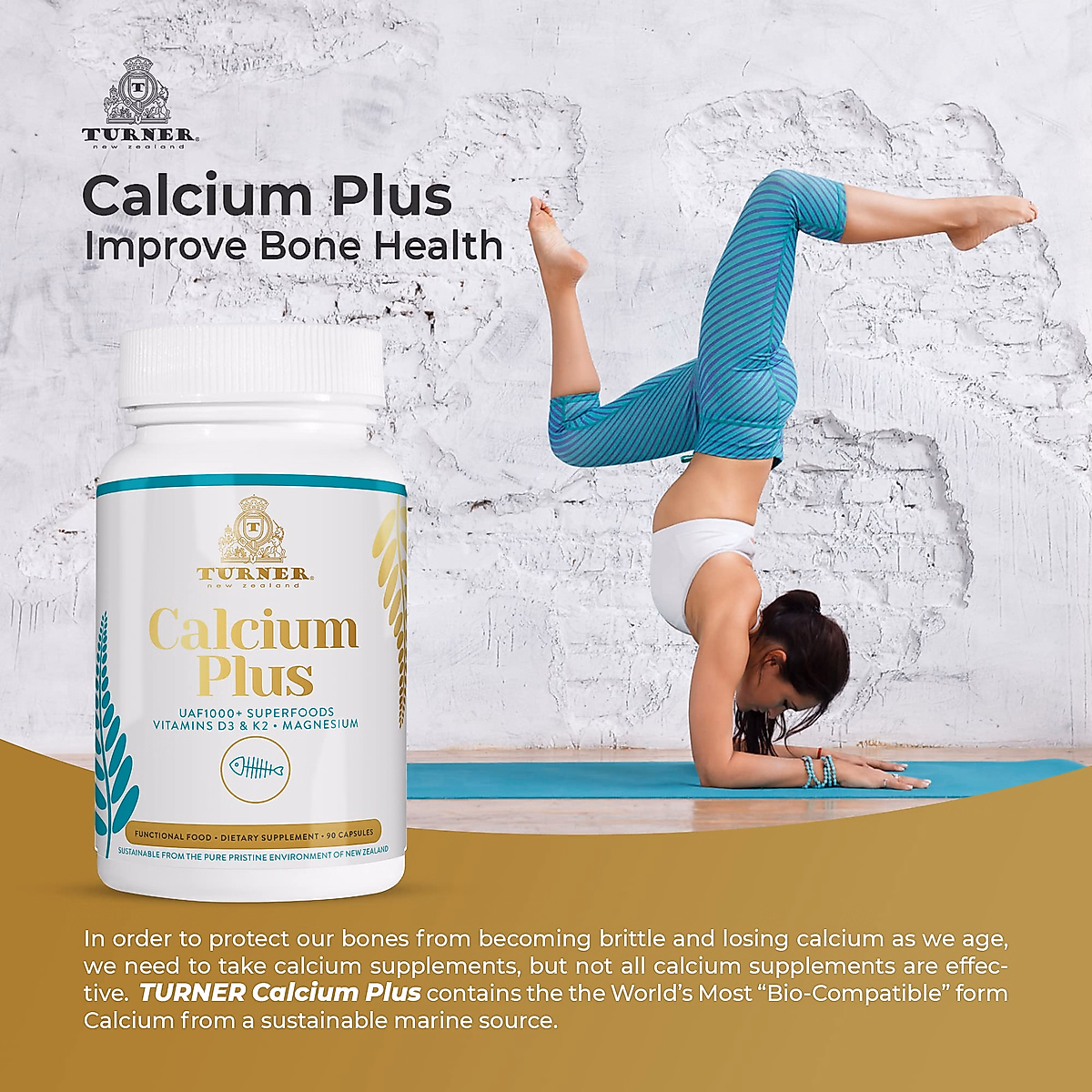 TURNER Calcium Plus, All-Natural Marine Calcium Supplement, with UAF1000+ Super Antioxidant, Magnesium + Vitamins K2 & D3, Supports Bone Density & Joint Health, 6 Bottles, 540 caps, 6 Month Supply