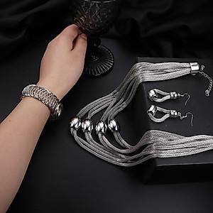 JOERICA 3Pcs Multi-Layer Bib Necklace African Jewelry Set for Women Choker Necklace Stretch Cuff Bracelet Dangle Earrings Halloween Costume Jewelry Set