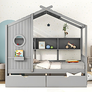 Full Size House Bed with Storage Drawers and Shelves, Wood Montessori House Bed Frame, Kids Playhouse Tent Bed for Girls Boys, Gray