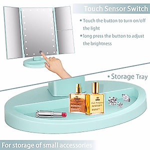 Flymiro Tri-fold Lighted Vanity Makeup Mirror with 3x/2x Magnification,21 LEDs Light and Touch Screen,180 Degree Free Rotation Countertop Cosmetic Mirror,Travel (Green)
