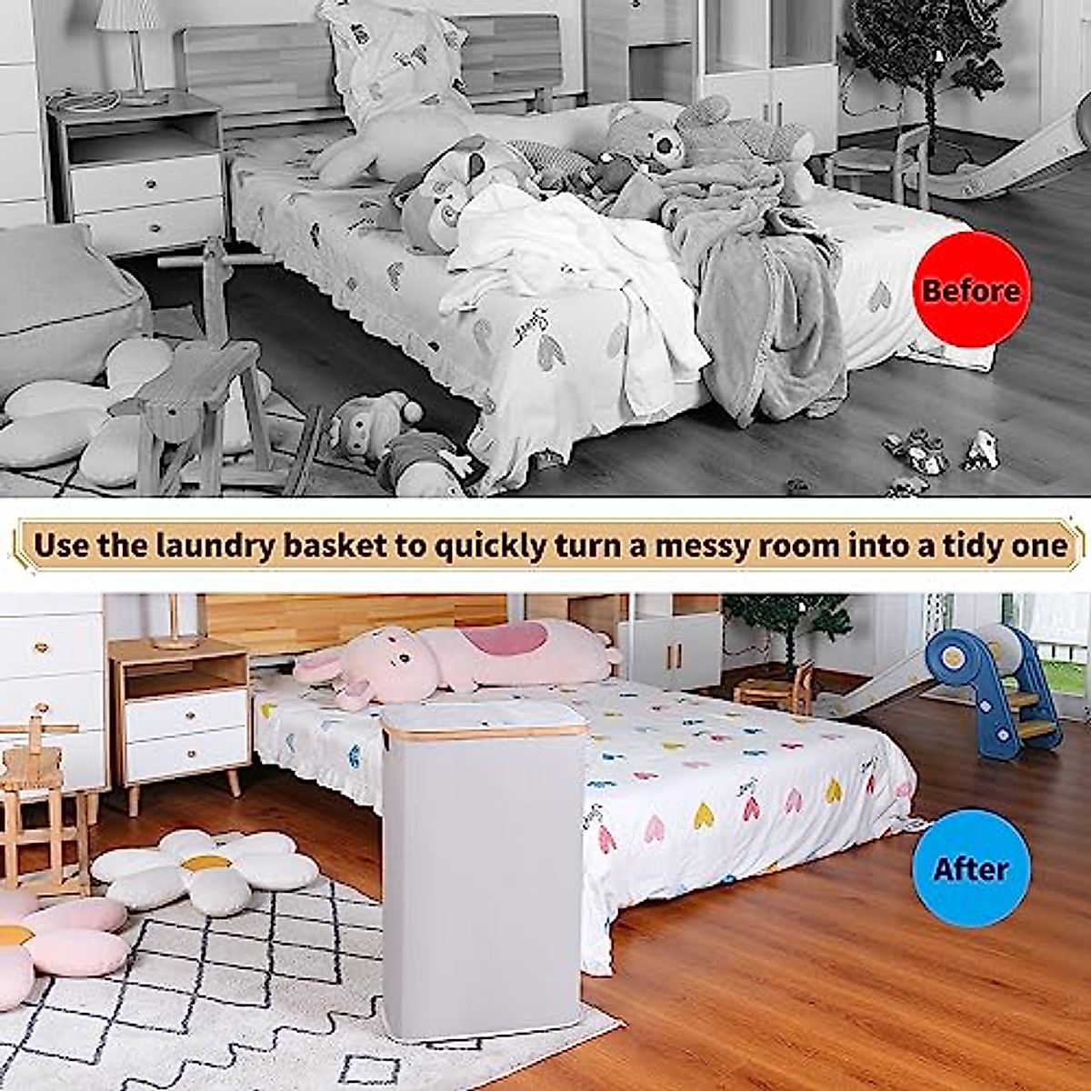 iEGrow 60L Slim Laundry Hamper With Lid, Foldable Clothes Basket with Bamboo Handles and Removable Inner Bag, Light Grey