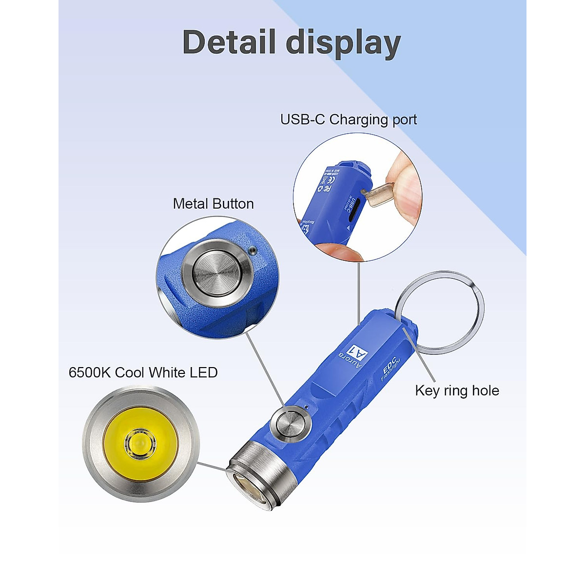 RovyVon Aurora A1 G4 USB C Rechargeable Mini Flashlight, Super Bright Keychain Flashlight 650 High Lumens Small EDC Flashlight Keychain Light with Clip for Camping, Hiking, Emergencies (Blue)