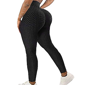 SEASUM Women High Waisted Yoga Pants Workout Butt Lifting Scrunch Booty Leggings Tummy Control Anti Cellulite Textured Tights M