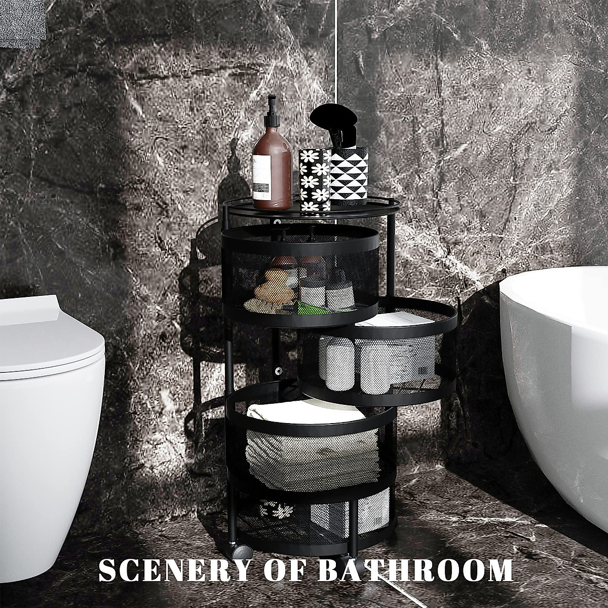 HOYRR Rotating storage rack for kitchen,Fruit Basket Rotating,Fruit Vegetable Kitchen Storage storage rack,Potatoes Storage Baskets with Wheels,Fruit Basket Stainless Steel Metal Material（4+1 Layer）