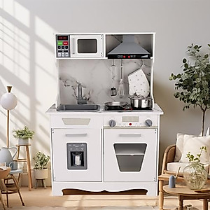 Wooden Play Kitchen Set for Kids, Toy Kitchen Playset with Real Lights and Sounds, Gift for Boys Girls Age 3+, Dimensions: 32” H x 28” W x 11” D (White)