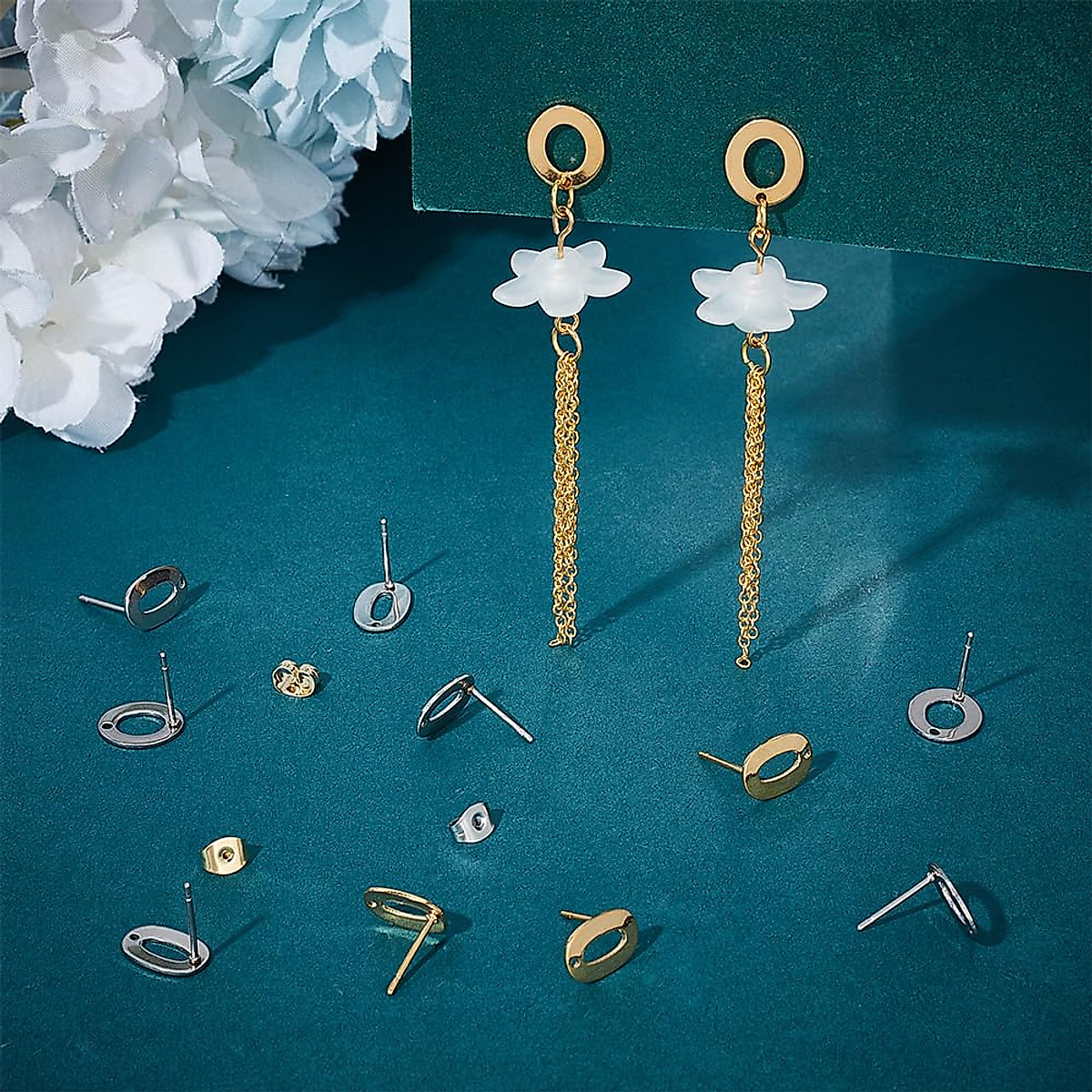 UNICRAFTALE 56 Pcs 2 Colors 2 Styles Stainless Steel Stud Earring Findings Oval Hollow Round Stud Earrings with Hole and Earring Backs Hypoallergenic Post Earring for Jewellery Making