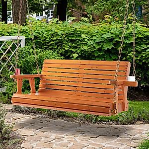 Porch Wooden Swings with Chain - Outdoor Finished Hanging Bench Swing Chair Furniture 2 Seater, Natural for Garden, Courtyard, Patio