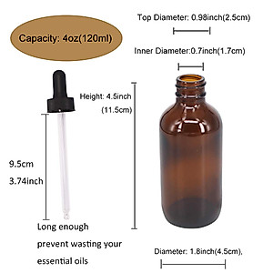 BPFY 12 Pack 4oz Glass Dropper Bottles for Essential Oil 120ml Amber Round Glass Boston Bottle With Black Glass Eye Dropper for Massage Oil, Perfume & Lab, Refillable Glass Bottle for Travel