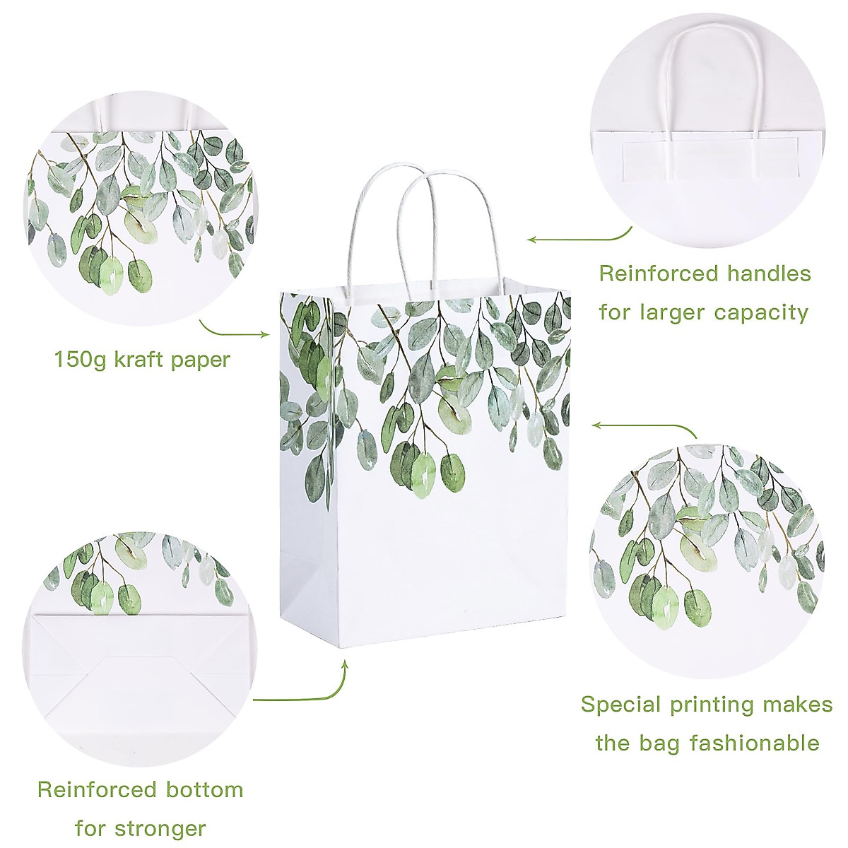 WRAPAHOLIC Medium Eucalyptus Kraft Paper Gift Bags - Green Eucalyptus Leaves Design for Birthday, Baby Shower, Holiday, Party Gift Wrap (Pack of 12)