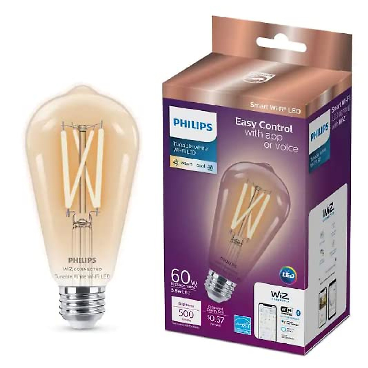 Philips Tunable White ST19 60W Equivalent Dimmable Smart Wi-Fi WiZ Connected Vintage Edison LED Light Bulb (2 Pack), Compatible with Alexa, Google Assistant, and Siri Shortcuts