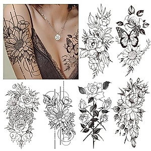 Cerlaza Temporary Tattoos for Women Adults, Fake Flower Tatuajes Temporales Semi Permanent Half Arm Sleeve Tattoos, Long Lasting Realistic Flower Leg makeup Waterproof Tattoos Stickers