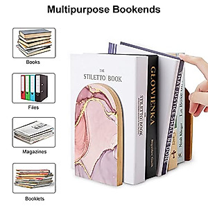 2 PCS Wood Book Ends,Pink Glitter Rose Gold Marble Bookends for Shelves Non-Skid Book Stand for Home Office School Sturdy Book Holders for Heavy Books 7x5 inch