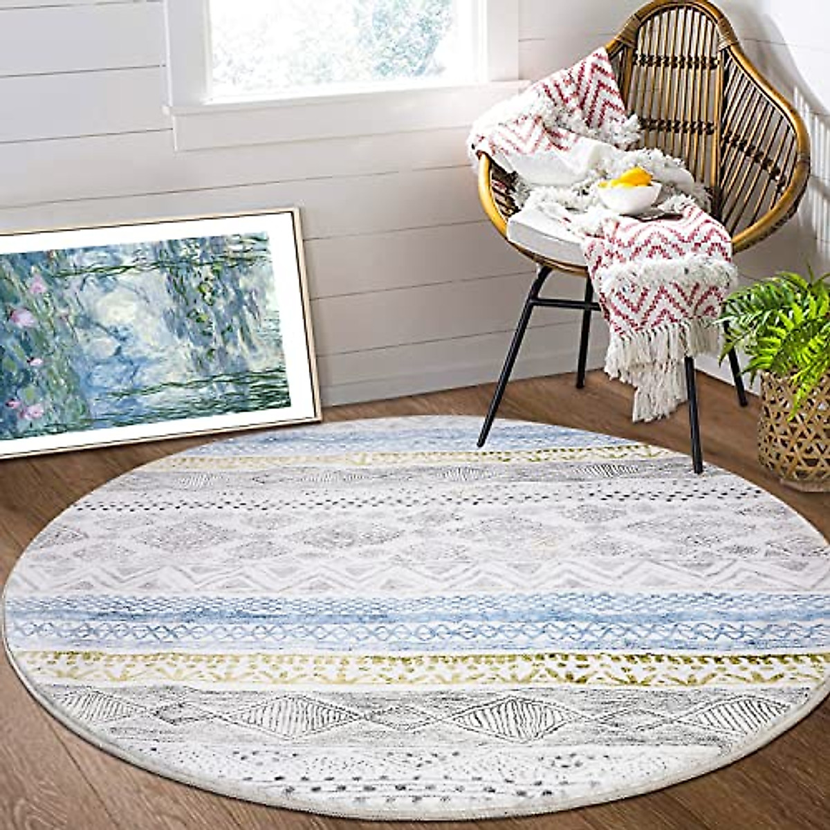 Yincimar Boho Geometric Round Area Rug 4.6ft Non-Slip Washable Circle Rug Accent Rug Soft Floor Area Mat Carpet for Living Room Sofa Bedroom Kids Room Nursery Decor,White