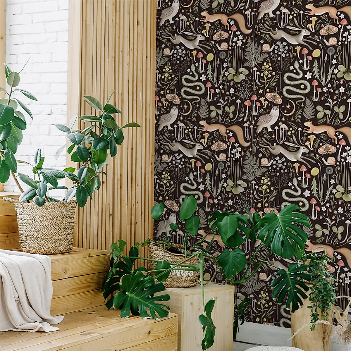 MAGAFA Peel and Stick Wallpaper - Fairytale Forest Moon and Stars - Owls, Snakes - Green, Red, Yellow, Brown, White - Matte - Waterproof - Reusable - 17.71" x 118.1" - Wall Art