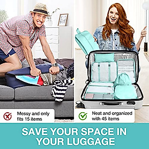 8 Set Packing Cubes for Suitcases,Packing Cubes with Shoe Bag, Cosmetics Bag, Clothing Bag, Accessories Bags Packing Cubes for Travel Luggage Organizer Women Men(Blue-Green)