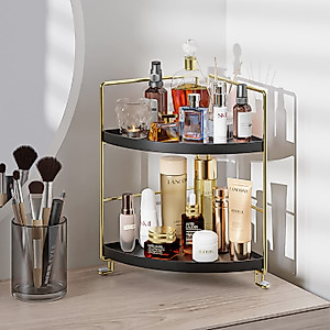 KINGBERWI 2-Tier Bathroom Corner Counter Organizer, Makeup Storage Shelf Vanity Tray, Bathroom Sink Countertop Organizer, Black