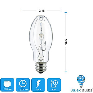 Bluex Bulbs (3 Pack MH150/U/MED 150W Metal Halide Bulb Pulse Start ED17 Medium Base E26 Clear HID Lamp 14000 Lumens