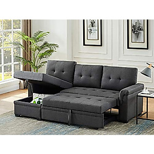 RITSU L-Shape Dark Gray Corner Couch with Storage Chaise, Linen Reversible Fabric Sleeper Sectional Sofa with Arms for Living Room, Apartment, Home Furniture, Dorm