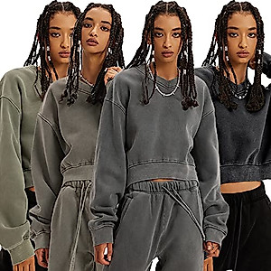 Sweatshirt for Women Acid Wash Athletic Hoodies Heritage Fleece V-neck Long Sleeve Hoodie Y2K Crop Pullover Women Sweatshirt Cotton Fleece Lined Hoodies Workout Pullover Shirt Green-L
