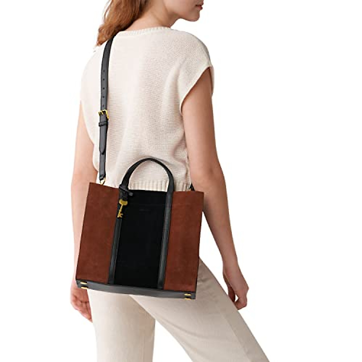 Fossil Women's Carmen Leather Shopper Tote Purse Handbag, Brown/Black (Model: ZB1362199)