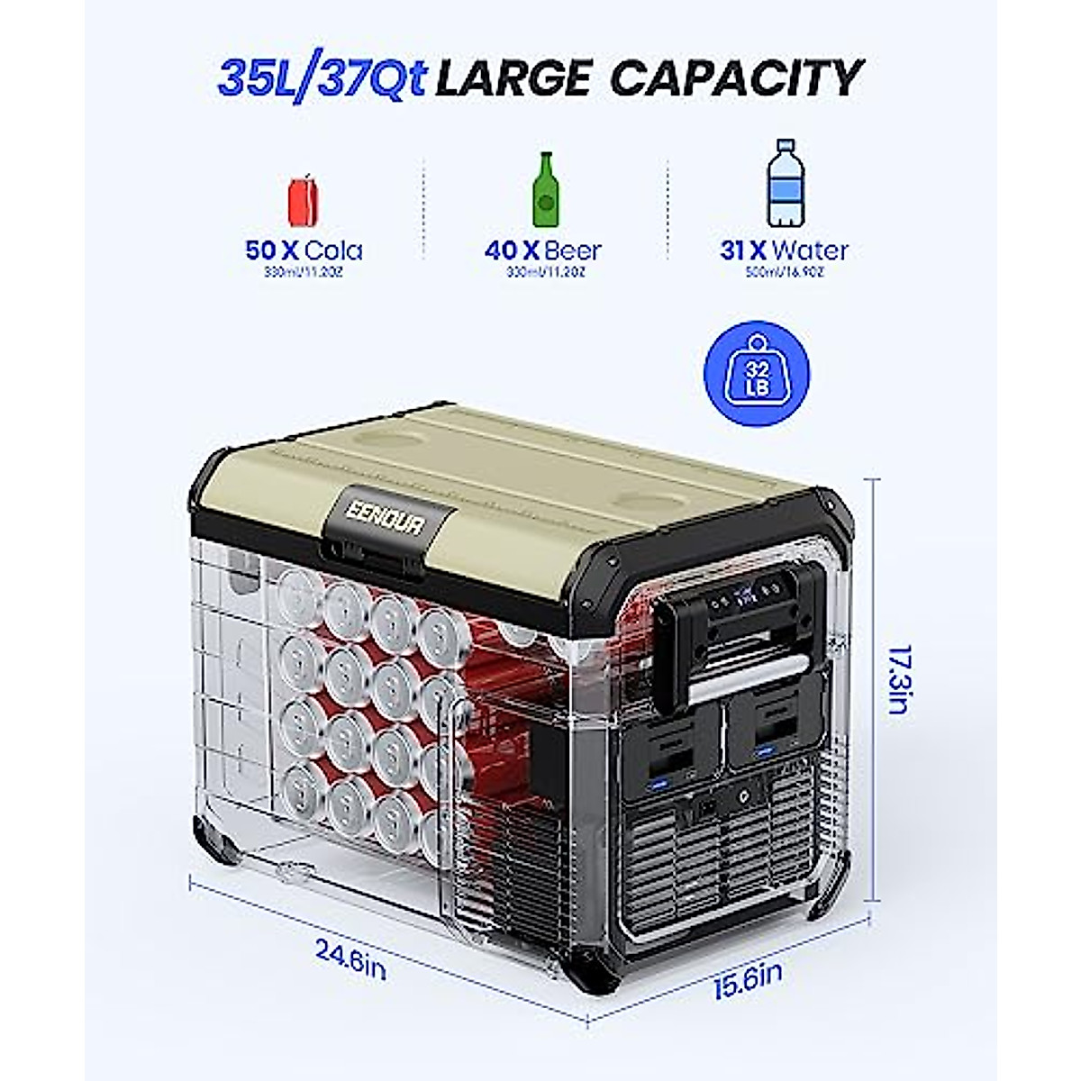 EENOUR 12 Volt Refrigerator Portable Freezer 37 Quart/35L Battery Powered Cooler Compressor Car Fridge 24W Super Energy Saving -4~50℉ 12/24V DC 110~240V AC Fast Cooling Perfect for RV Truck Van Camping Boat