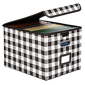 TIANSE Portable File Storage Box with Lids, Foldable Linen Decorative Hanging File Organizer Box, Storage for Letters, Suit for Office or Home (Plaid-1 Pack)