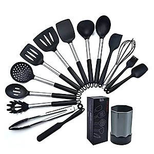 RANIT Silicone Kitchenware Spatula15-Piece Set, Stainless Steel Handle Kitchen Utensils Household Cooking Spoon Shovel Kitchenware Set (Black)