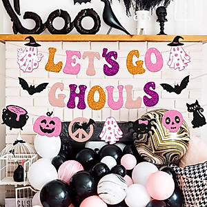 Let’s Go Ghouls Banner Hippie Halloween Party Decorations Retro Groovy Halloween Garland Ghost Bats Pumpkin Skull Cats Spider Witches Theme Halloween Bachelorette Party Supplies