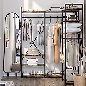 PAKASEPT L Shaped Garment Rack, L Shaped Closet Organizer, Freestanding Corner Clothes Garment Rack with 4 Hanging Rods and Open Shelves Heavy Duty Metal Clothing Rack for Bedroom