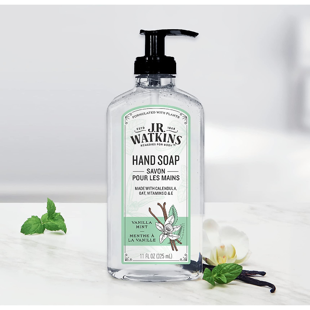 J.R. Watkins Gel Hand Soap with Dispenser, Moisturizing Hand Wash, All Natural, Alcohol-Free, Cruelty-Free, USA Made, Vanilla Mint, 11 fl oz, 3 Pack