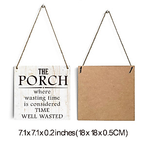Rustic Porch Theme Decor Wooden Sign, Farmhouse the Porch Where Wasting Time Wood Hanging Wall Decorations for Home 7.1 x 7.1 Inches - Rustic Summer Artwork Sign