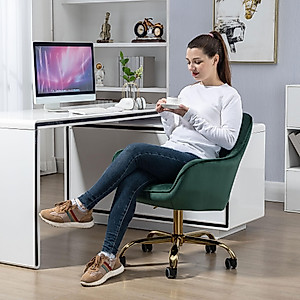 NORDICANA 360° Home Office Chair Ergonomic Task Chair, Swivel Desk Chair, Upholstered Velvet Computer Chair, Gold Metal Base, Dark Green