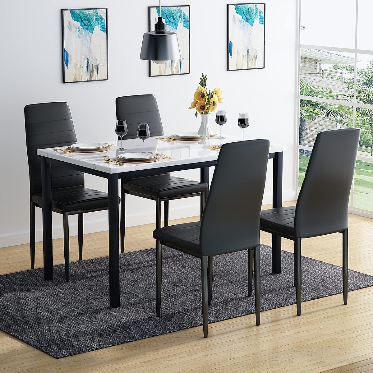 AWQM 5 Pieces Dining Table Set, Kitchen Table Set with Faux Marble Top Table and 4 Faux Leather Upholstered Chairs for Kitchen, Breakfast Nook, Dining Room, White+Black