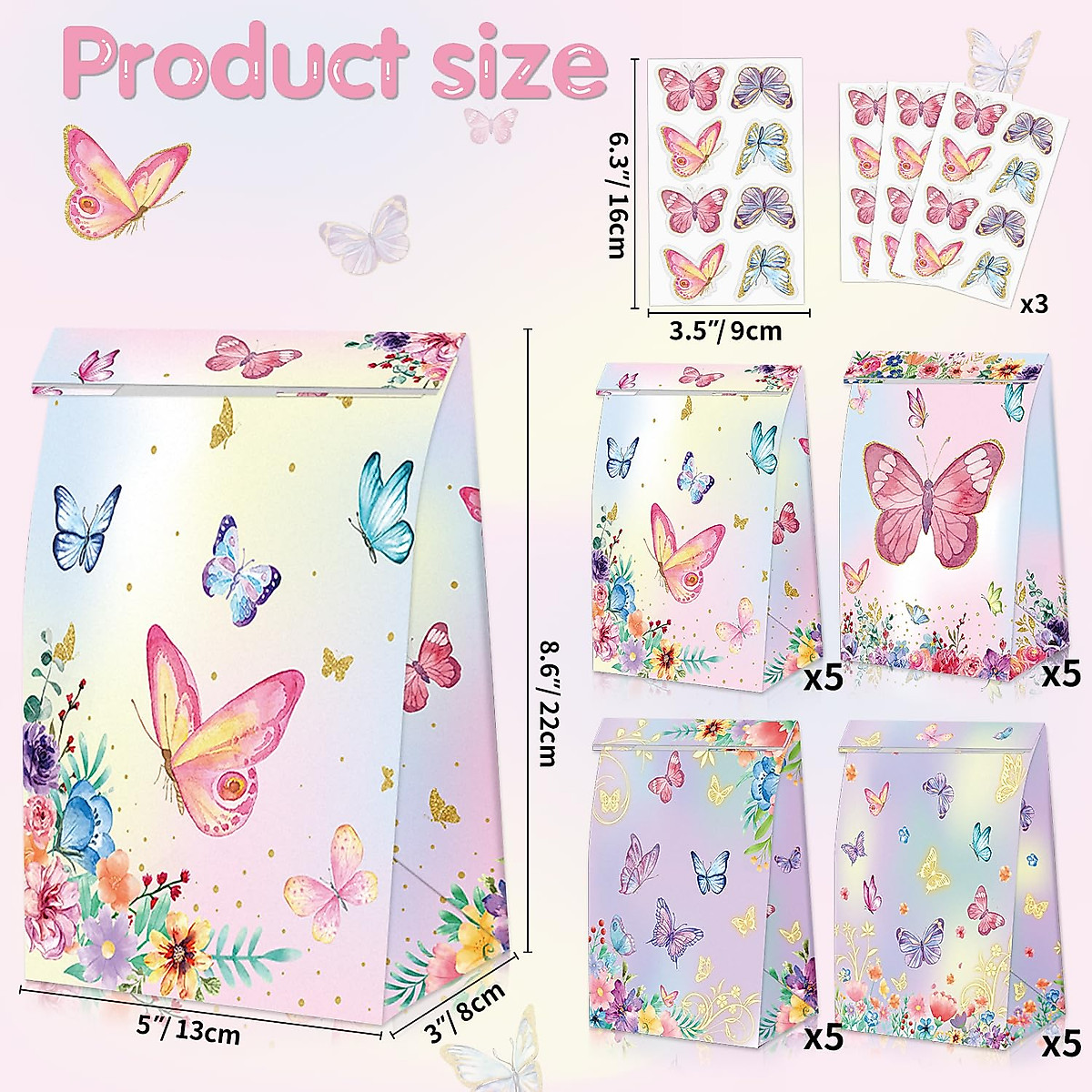 Butterfly Party Gift Bags - 20 Pcs Goodie Bags Party Favor Bags with Butterfly Stickers, Colored Paper Bags Treat Bags Birthday Goodie Bags for Kids Butterfly Birthday Party Supplies
