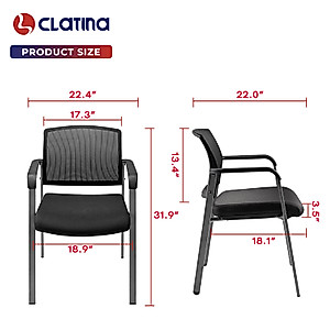 CLATINA Guest Reception Stacking Office Chairs with Arm, Mesh Back Waiting Room Chair with Upholstered Fabric Seat and Ergonomic Lumbar Support for Office Conference School Church, Black-2 Pack