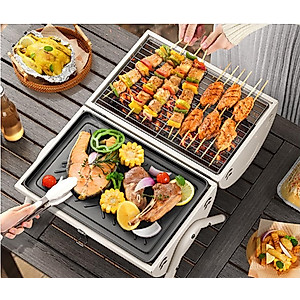 grilling and Frying 2-in-1 double-sided outdoor Charcoal grill ， portable bbq grill with lid ，camping grill，mini grill，table top charcoal grills (white no Frying pan)