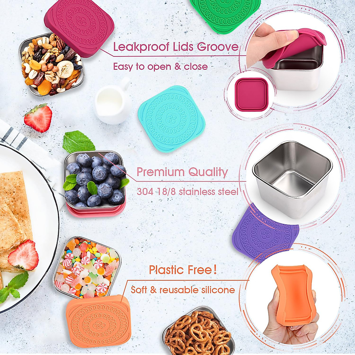 6Pack Stainless Steel Snack Containers, 6oz 304 Stainless Steel Metal Sauce Food Storage Box Containers with Silicone Lids, Reusable Small Portable Leak Proof Food Lunch Boxes Set, Easy Open