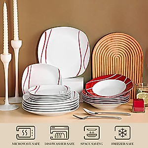 MALACASA Dinnerware Sets, 18-Piece Porcelain Square Dishes, Gray White with Red Rim, Modern Dish Set for 6 - Plates and Bowls Sets, Ideal for Dessert, Salad, and Pasta - Series FELISA