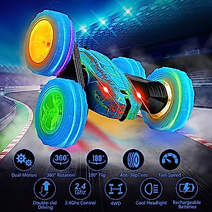 FAFUGANIA Remote Control Car, 360° Rotating RC cars with Wheel Light and Body crack light, Fast and Flips 4WD Double-Sided RC Stunt Cars For 6-12 years old Kids Xmas Toy Cars Gift for Boys Girls(Blue)