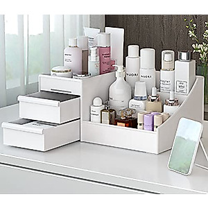 XIOU Makeup Desk Organizer with Drawers - Countertop Organizer for Cosmetics, Vanity Holder for Lipstick, Brushes, Lotions, Eyeshadow, Nail Polish and Jewelry (White)