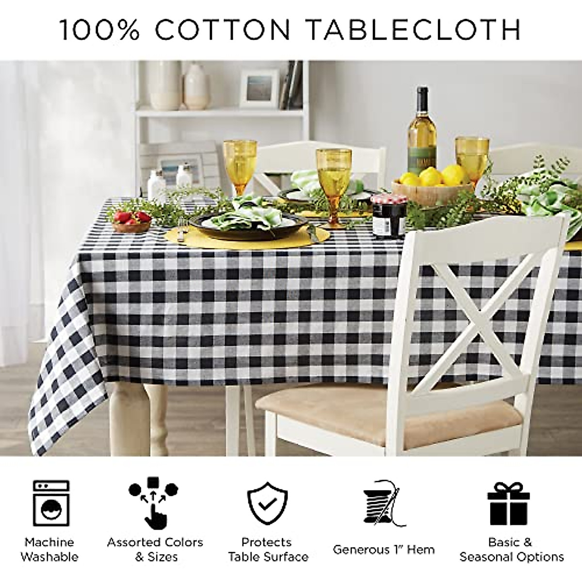 DII Buffalo Check Collection, Classic Farmhouse Tablecloth, Tablecloth, 70" Round, Black & White