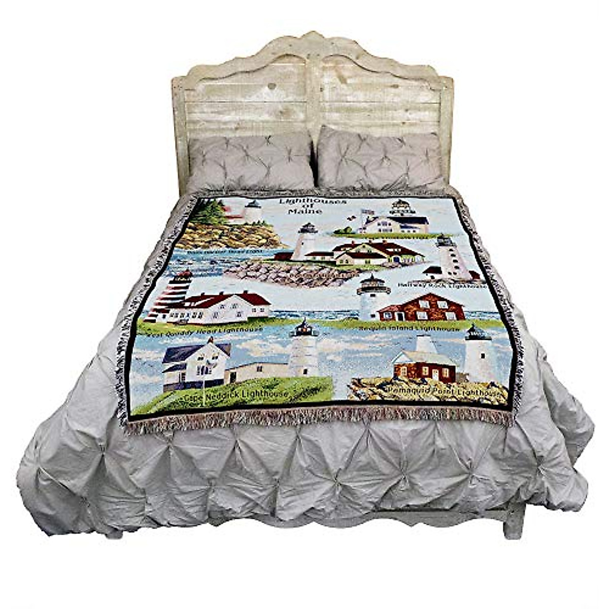 Lighthouses of Maine Blanket - Bass Harbor Cape Elizabeth Halfway Rock Sequin Neddick West Quoddy Portland Pemaquid - Coastal Ocean Gift Tapestry Throw Woven from Cotton - Made in the USA (72x54)