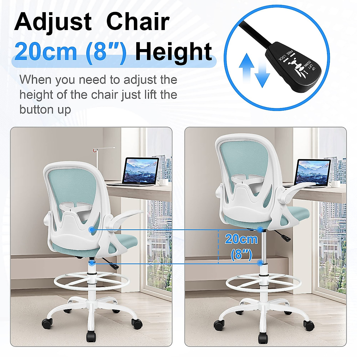 Primy Drafting Chair Tall Office Chair with Flip-up Armrests Executive Ergonomic Computer Standing Desk Chair with Lumbar Support and Adjustable Footrest Ring（Light Blue）