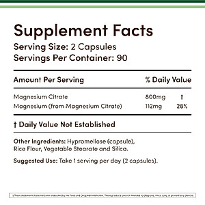 Magnesium Citrate 800mg, 180 Capsules, Digestion & Constipation Support, Vegan Safe, Non-GMO, Double Wood Supplements