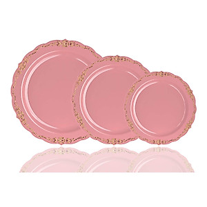 Exquisite 60 Pcs Disposable Plastic Plates | Victorian Design Premium Disposable Plates | 9 inch. Pink & Gold China Like Plastic Plates For Parties & Weddings