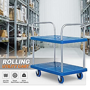 MoNiBloom 2 Tier Steel Utility Cart Multipurpose Service Trolley Cart with Wheels Great for Warehouse Garage Office, 661 lbs Capacity