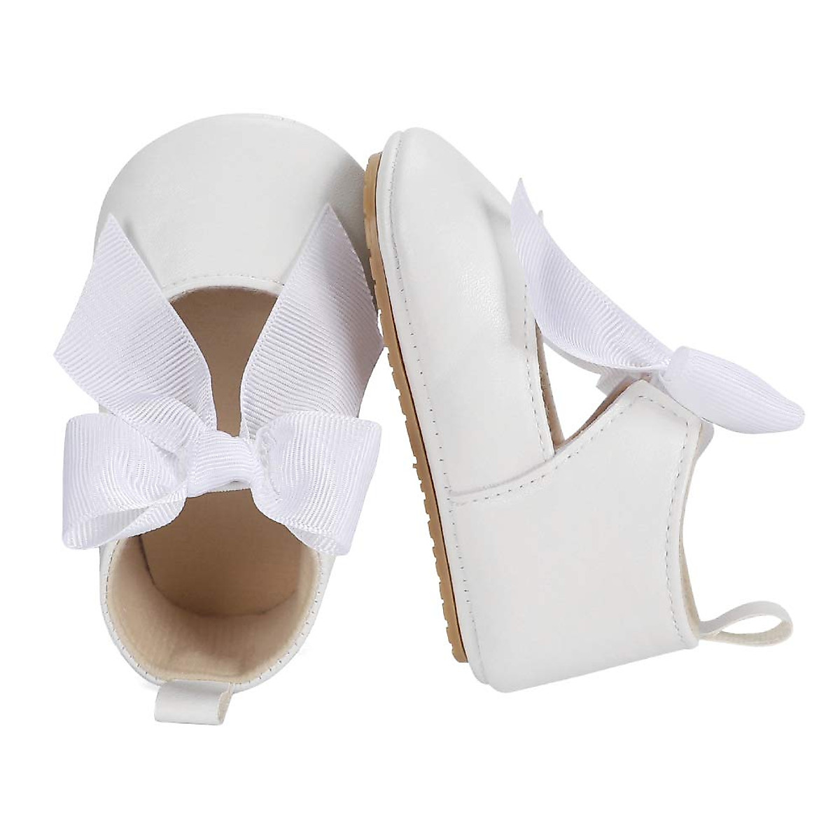 Baby Girls Bowknot Mary Jane Flats Rubber Sole Infant Toddler Walking Shoes Moccasinss Wedding Dress Shoes, White 3-6 Months